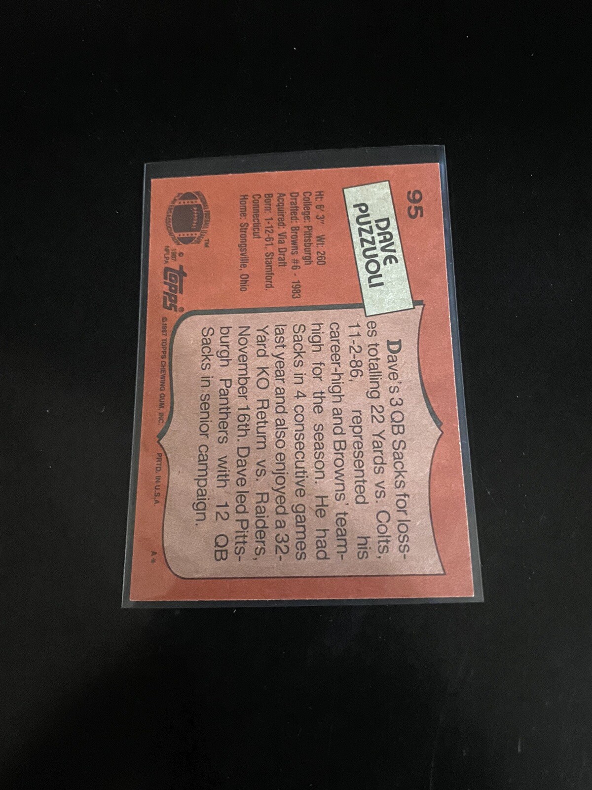 Dave Puzzuoli 1987 Topps football card Browns 95 NRMT - MT PWE | eBay