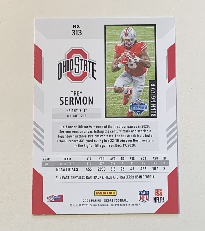 2021 Panini Score Trey Sermon RC #313 Ohio State Buckeyes | eBay
