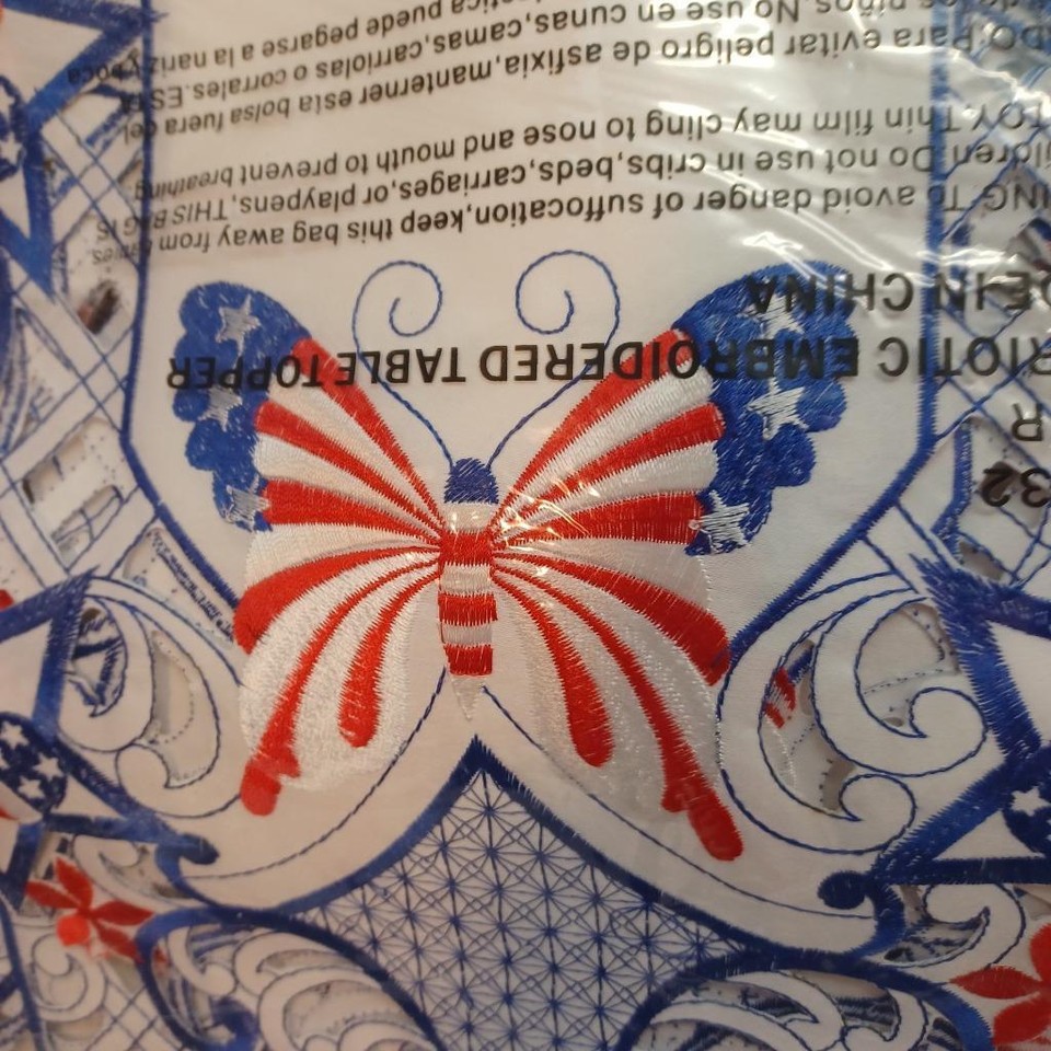 Patriotic Embroidered Table Topper Butterfly Red White Blue New In ...