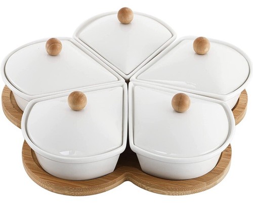 Ceramic Divided Serving Dishes with Lids and Bamboo Platter, 5 ...