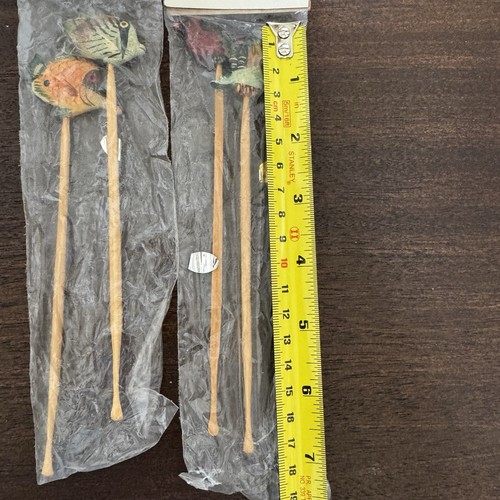 NWT VTG 4 Wooden Swizzle Sticks 7" Stirrers 2 Fish 1 Cardinal 1 Parrot ...