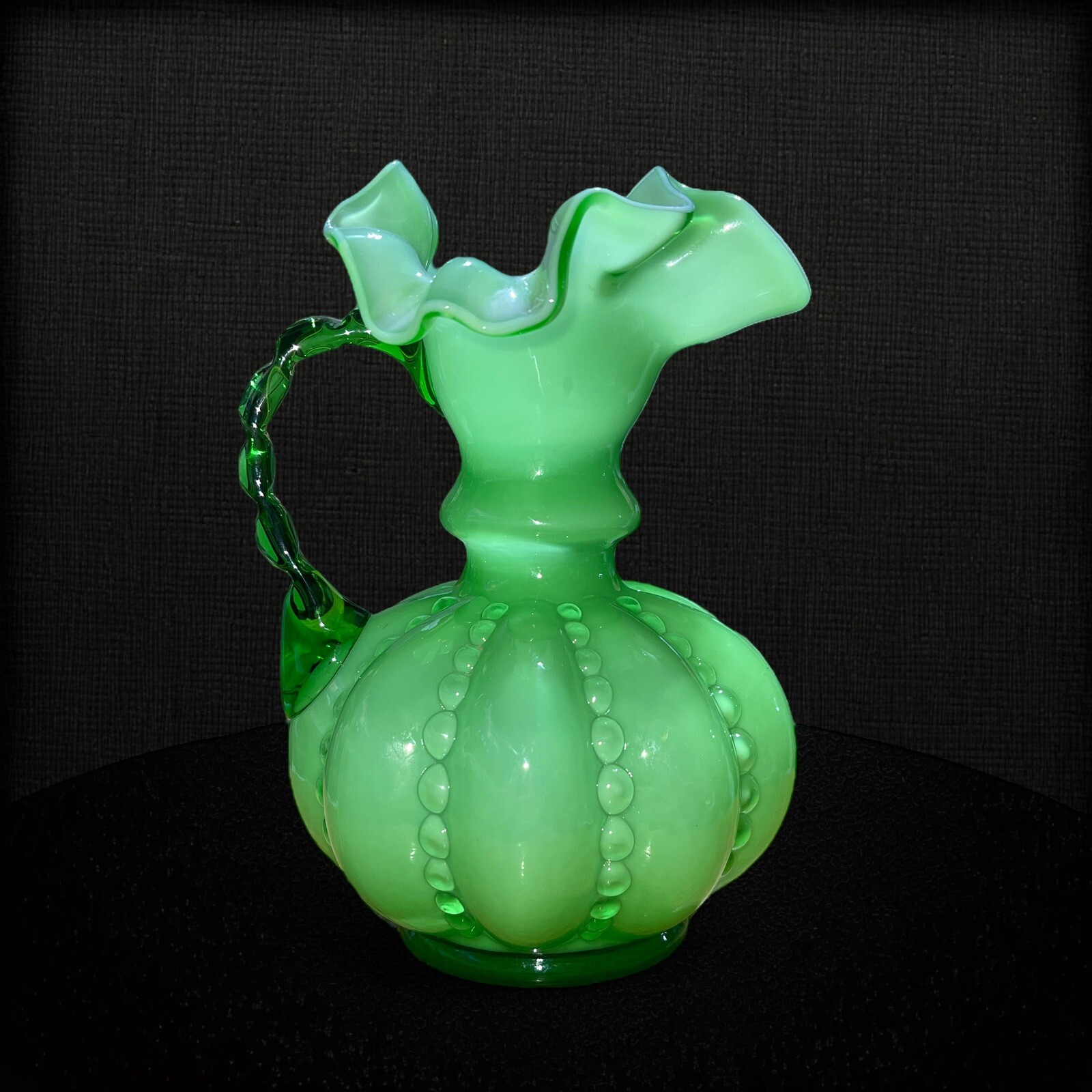 6” FENTON Glass Pitcher Vase Beaded Melon Green Overlay Vintage ...
