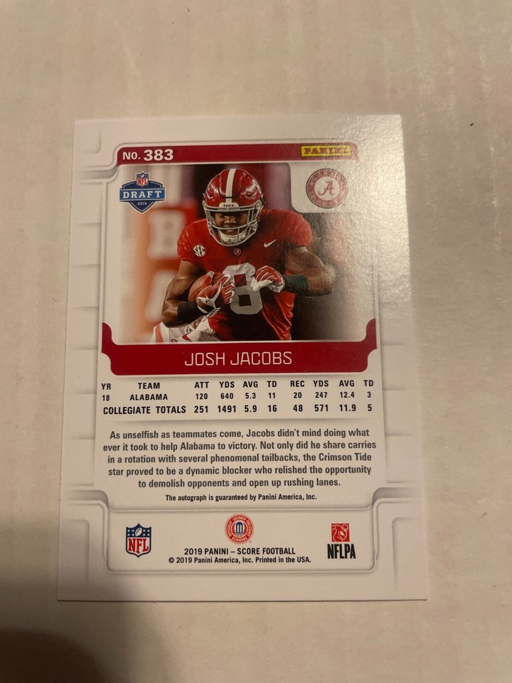 2019 Panini Score Josh Jacobs RC Autographs Bama Raiders Packers #383 ...