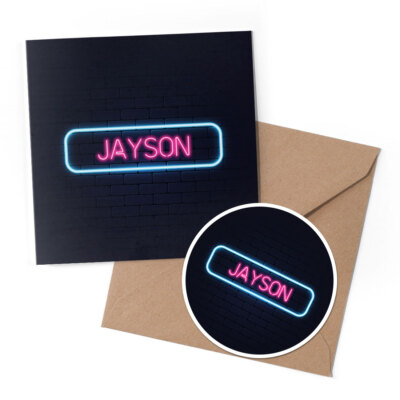 1 x Greeting Card & 10cm Sticker Set - Neon Sign Design Jayson Name ...