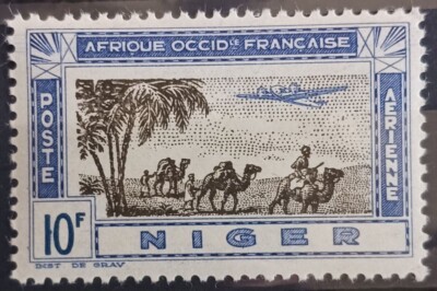 1942 Niger C11 Aircraft and caravan, date palm Blue Airplane Landscape ...