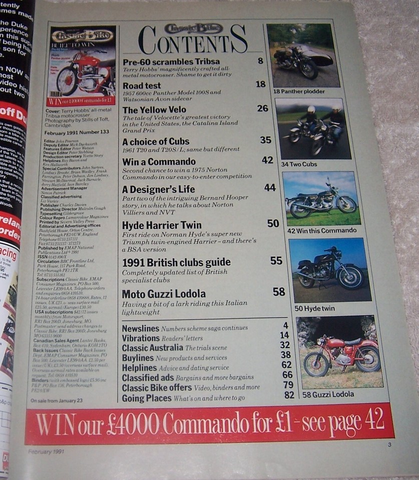 Classic Bike Magazine February 1991 Motorcycle Pre-60 Tribsa scrambler ...