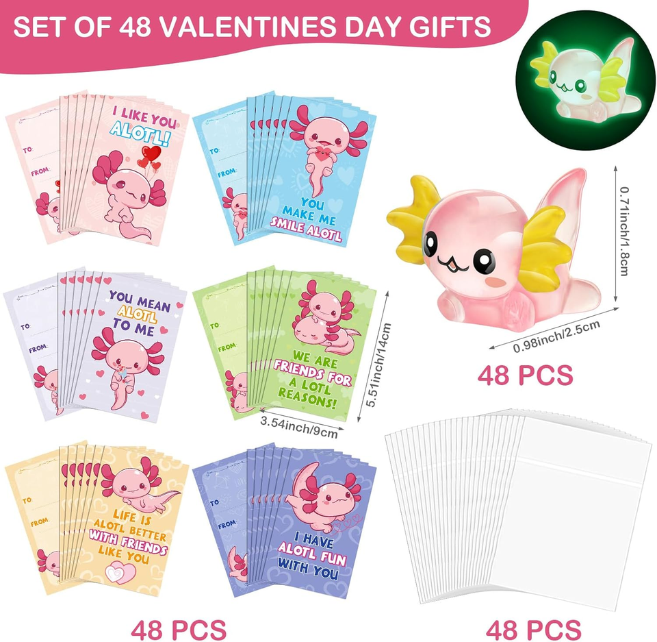 24 Sets Valentine Axolotl Gifts Sets for Class Axolotl Cards with Mini ...