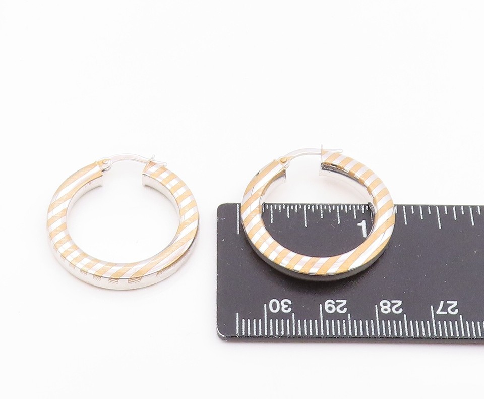 14K GOLD Vintage Two Tone Linear Textured Striped Hoop Earrings GE194 ...