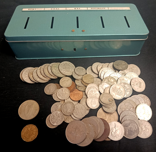 Vintage Savings Tin & Uk Coins Crown Shilling Job Lot Mixed Bundle ...