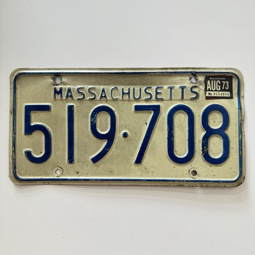 Vintage 73 MASS White Blue Rear License Plate # 519-708 Massachusetts ...