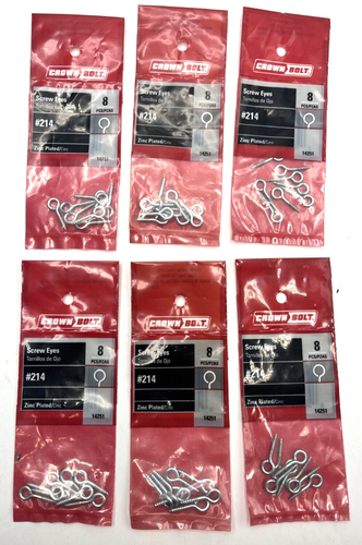 LOT OF 6 PKGS OF Crown Bolt #214 x 13/16" Zinc-Plated Steel Screw Eye ...