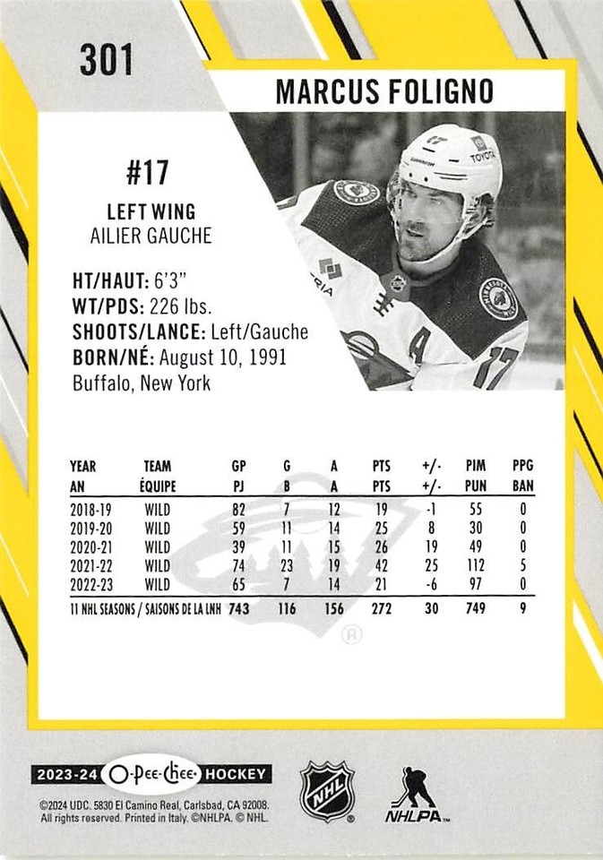 2023-24 O-Pee-Chee - Marcus Foligno - Yellow Border Parallel 301 Wild ...