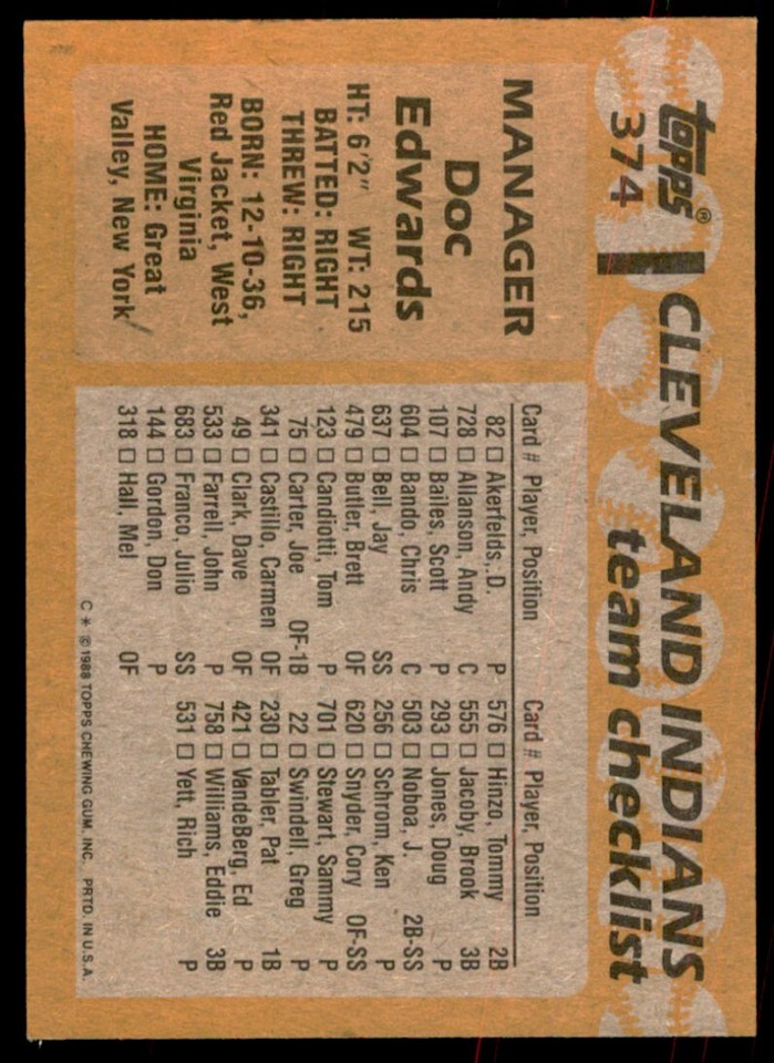 1988 TOPPS DOC EDWARDS CLEVELAND INDIANS #374 | eBay