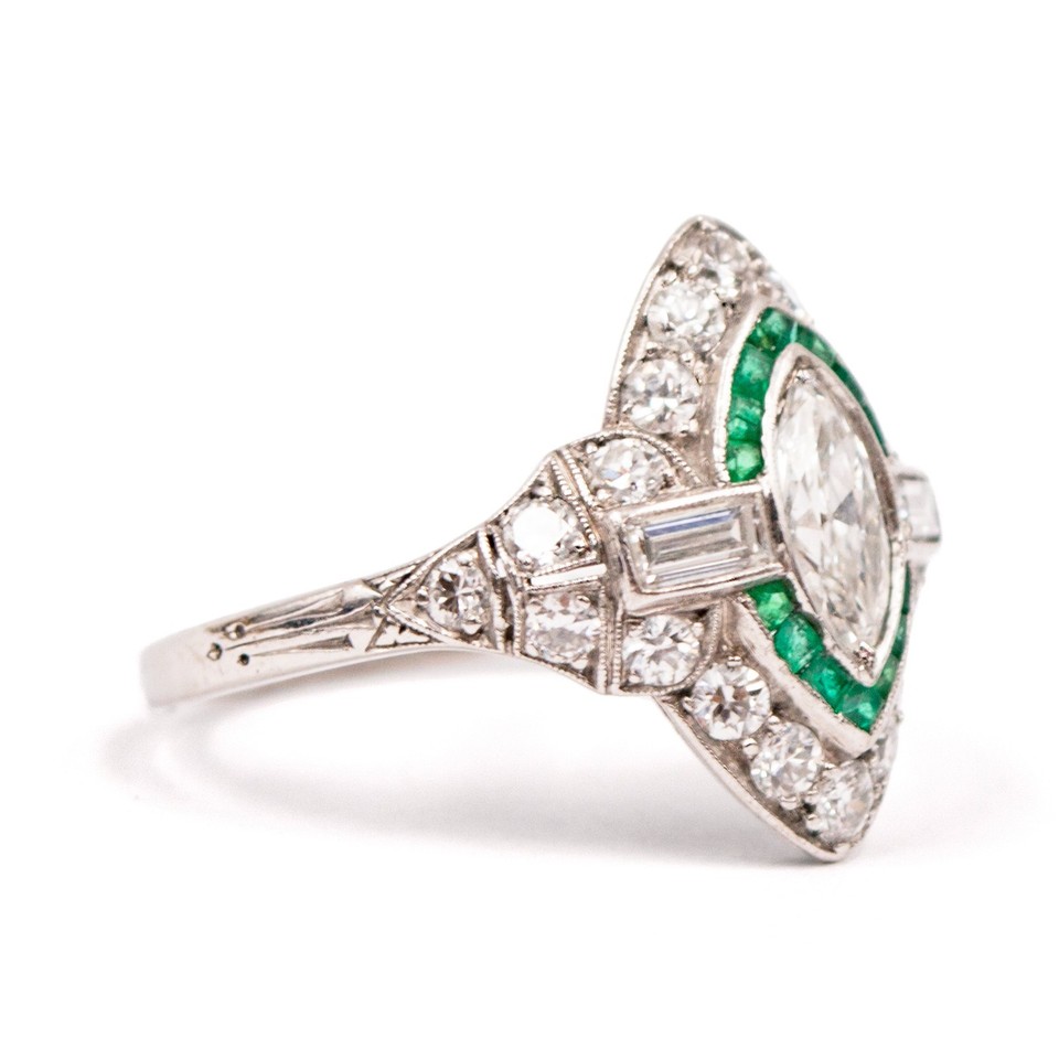 Art Deco Style Lab Created Diamond Emerald Halo 14K White Gold FN ...