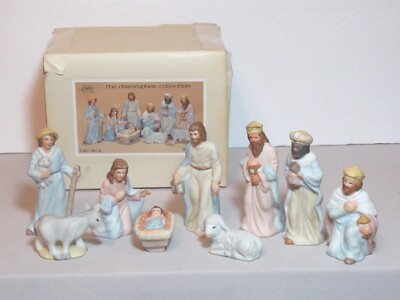 Vtg 90s Lefton Christopher Collection Box 9 Pc 3 7/8" Bisque Nativity ...
