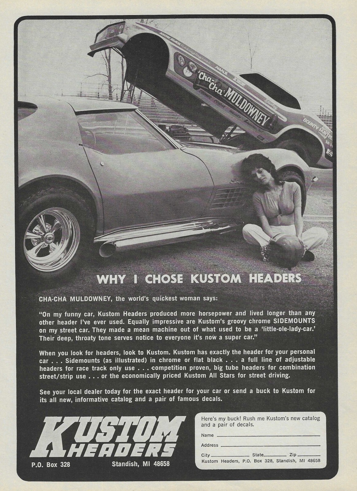 1972 Kustom Headers Ad Shirley Cha Cha Muldowney Vintage Magazine ...