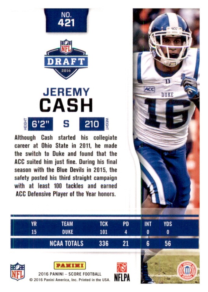 2016 Score Jeremy Cash Rookie RC NFL PWE Insert Panthers #421 | eBay