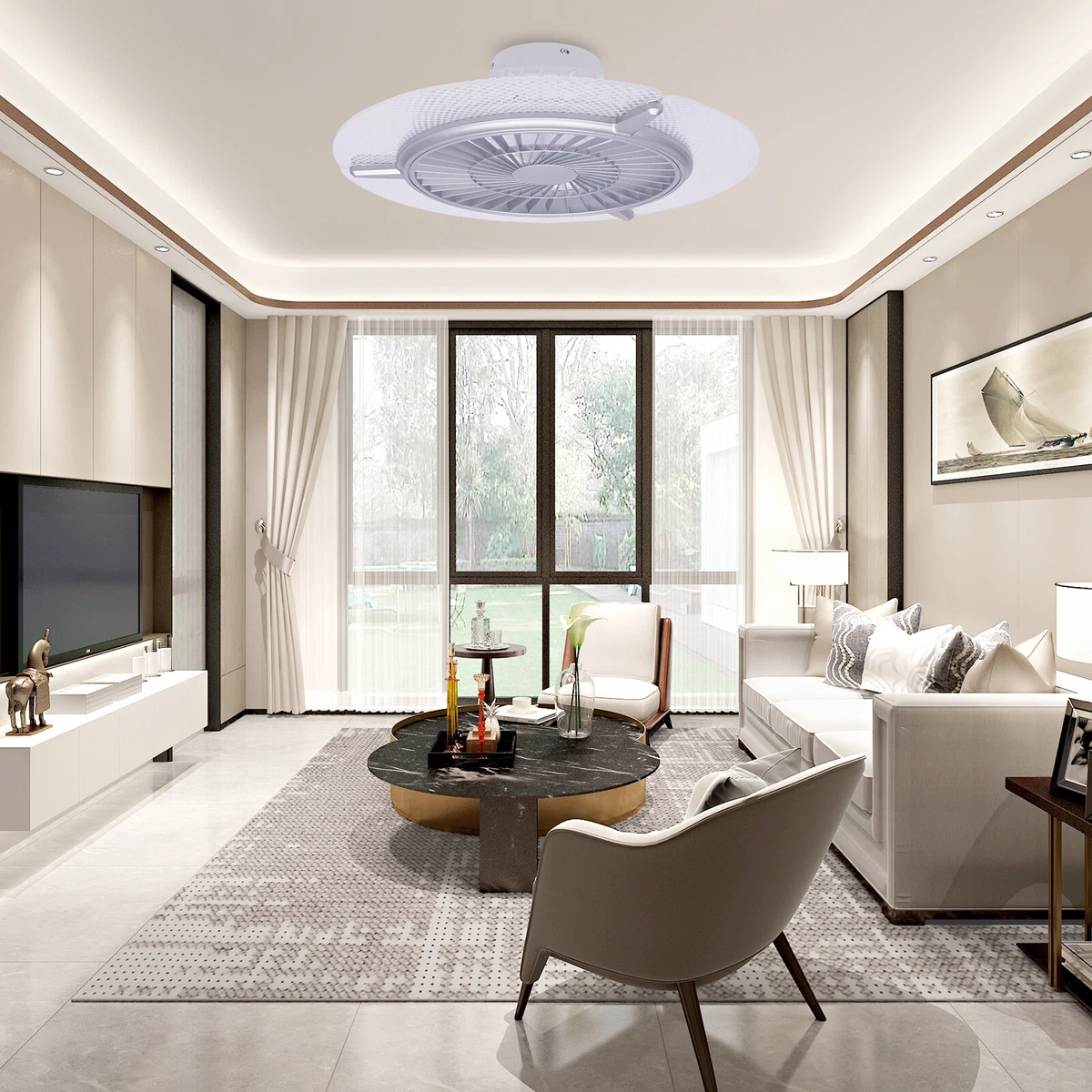 Flush Mount Enclosed Ceiling Fan With Light | Shelly Lighting