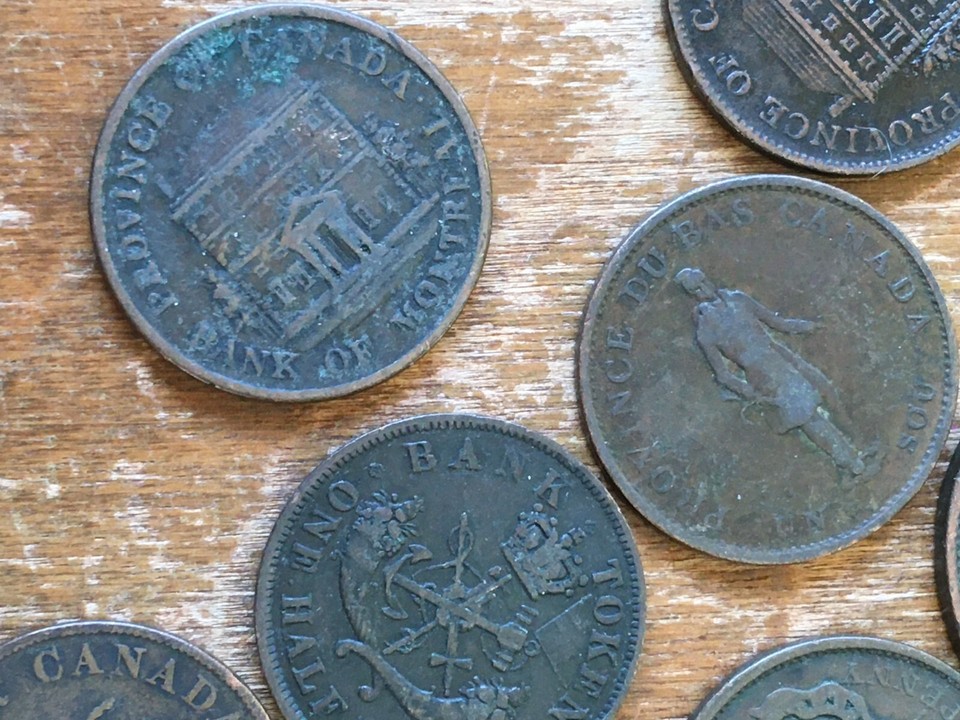 11 Canada antique trade tokens: 1842, 1852, 1857 one penny tokens, 1837 ...