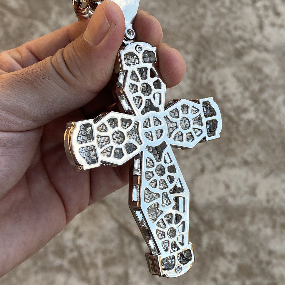 Men Huge Double Cross Pendant Jesus Necklace Silver Tone Hip Hop Cuban ...