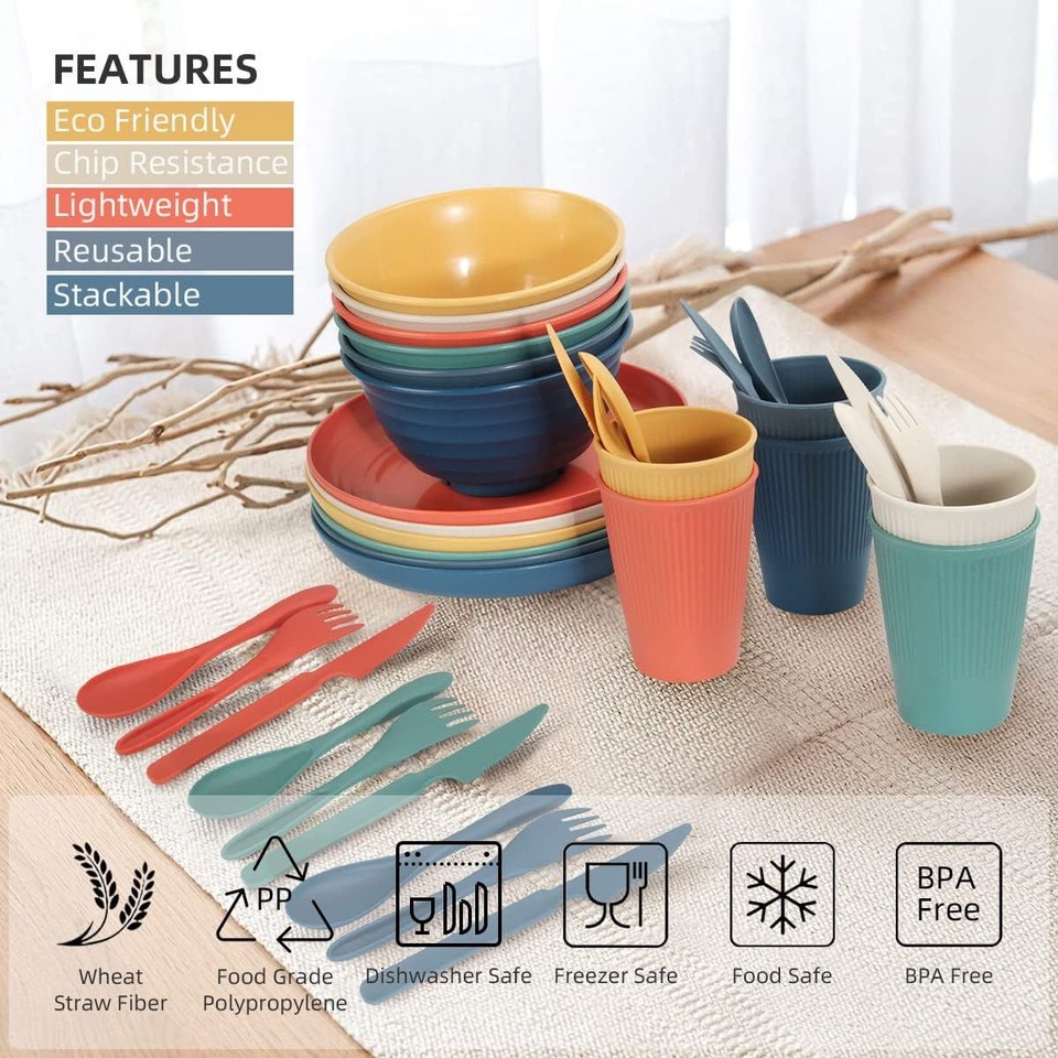 36 Pack Wheat Straw Unbreakable Dinnerware Set Reusable Plates and ...