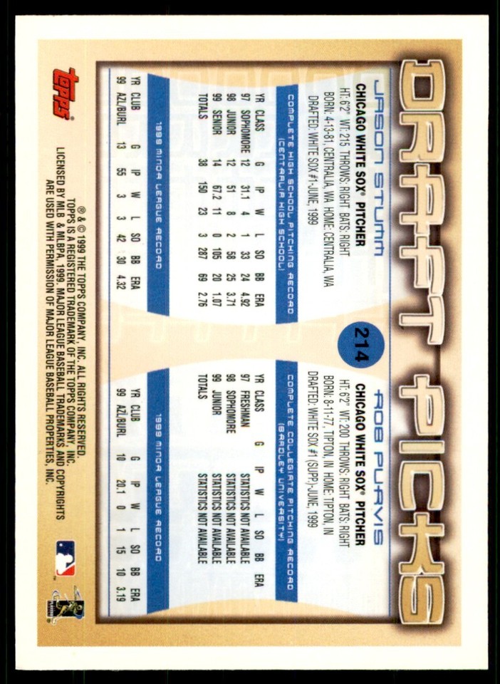 2000 Topps Baseball Card Rob Purvis/Jason Stumm #214 | eBay