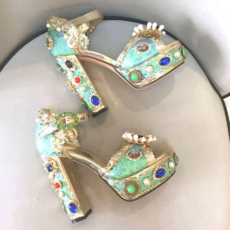 Fashion Women High Heels Platform Faux Pearl Rhinestone Chunky Heel ...