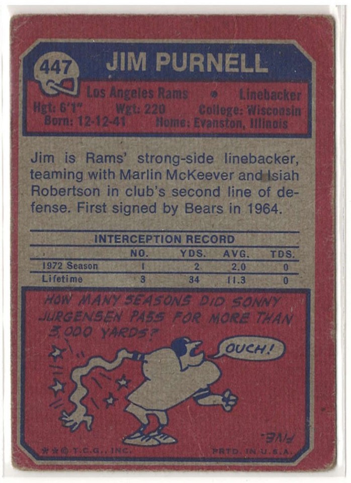 1973 Topps Football #447 Jim Purnell Los Angeles Rams | eBay