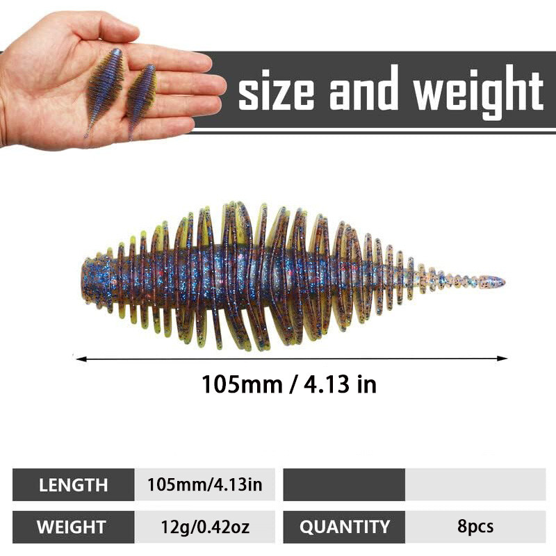 8Pcs 4.13" Soft Plastic Swimbait Bellows Gill Worms Fishing Lure Bass ...