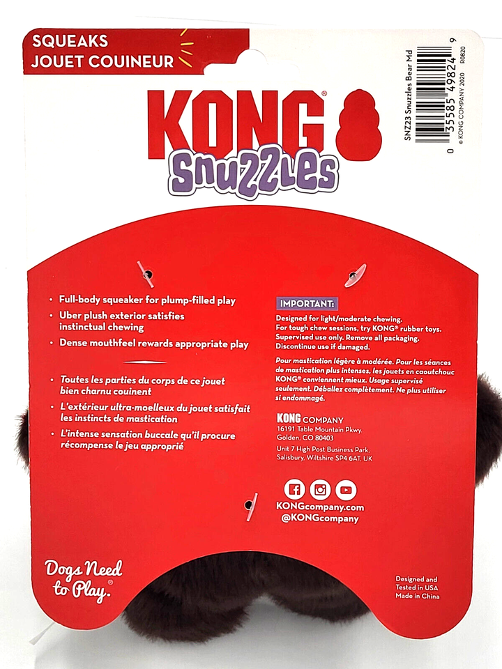 KONG Snuzzles Bear MEDIUM Plush Squeaky Crinkly Toss & Play Dog Toy 8.5 ...