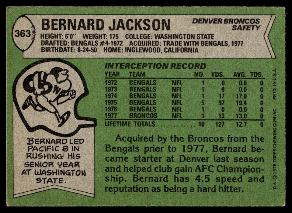 1978 Topps Set Break Bernard Jackson #363 Denver Broncos | eBay