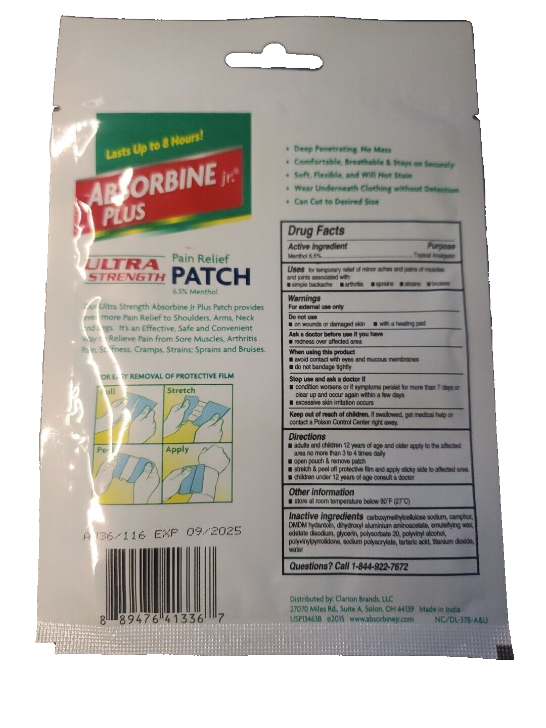 Absorbine Jr Plus Ultra Strength Pain Relief Patch Large 5 1/2 x 4 in ...
