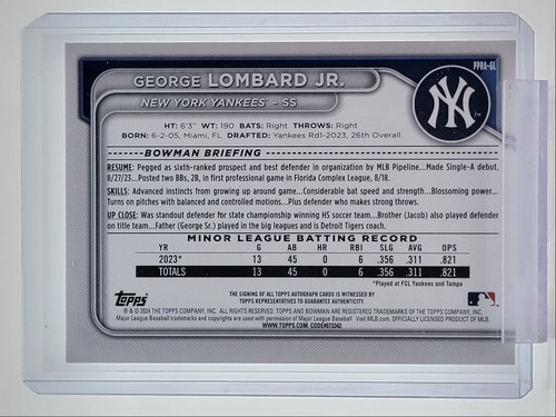 GEORGE LOMBARD JR. 2024 BOWMAN 1ST AUTOGRAPH BASEBALL YANKEES AUTO ...