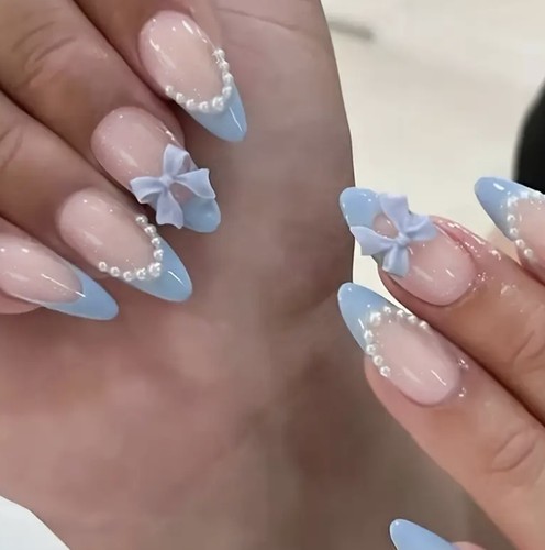 24pcs Medium almond light Blue Purple bow French Tip PressOn Acrylic ...