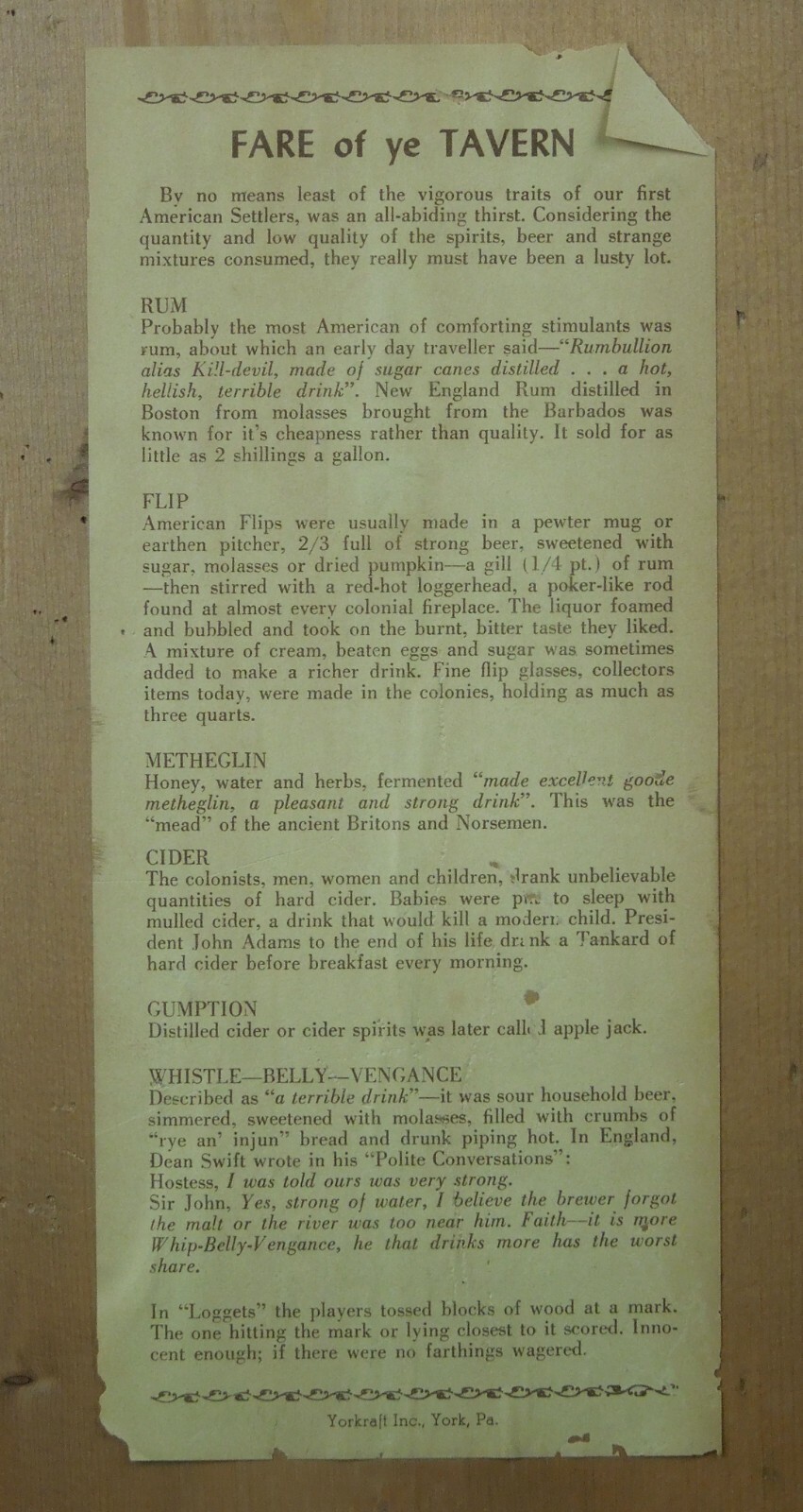 Vintage Fare Of Ye Tavern Sign - Yorkraft York, PA - 19” x 9” | eBay