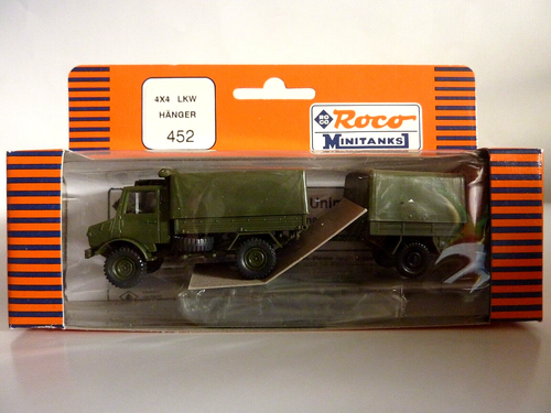 ROCO MINITANKS H0 452 MB UNIMOG U 1300 L 4x4 BR 435 PRITSCHE & HÄNGER ...