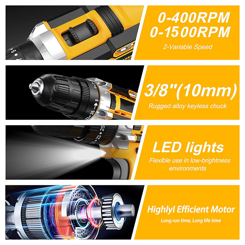 21V Cordless Drill Combi Driver High Power Electric Screwdriver Set 2 ...