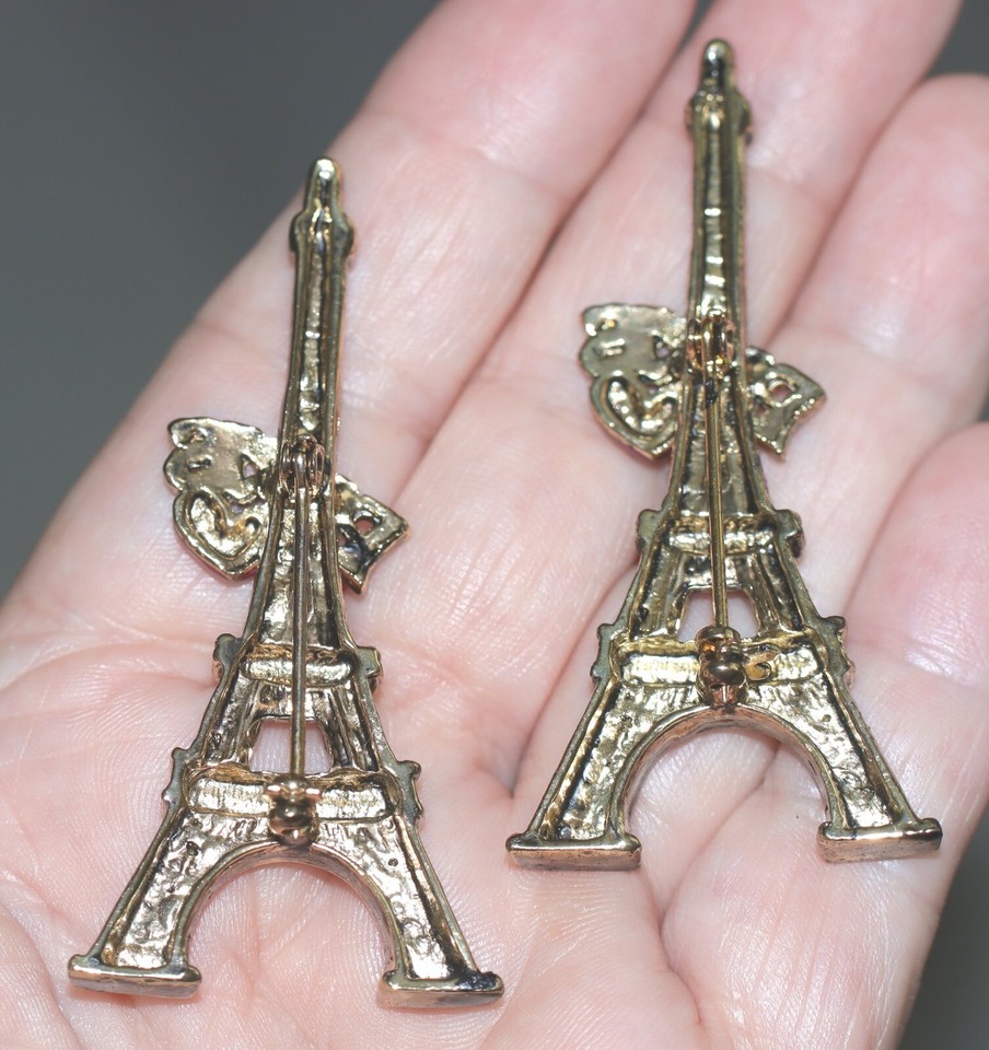 vintage 2 matching brooch pins EIFFEL TOWER PARIS rhinestones ANTIQUE ...