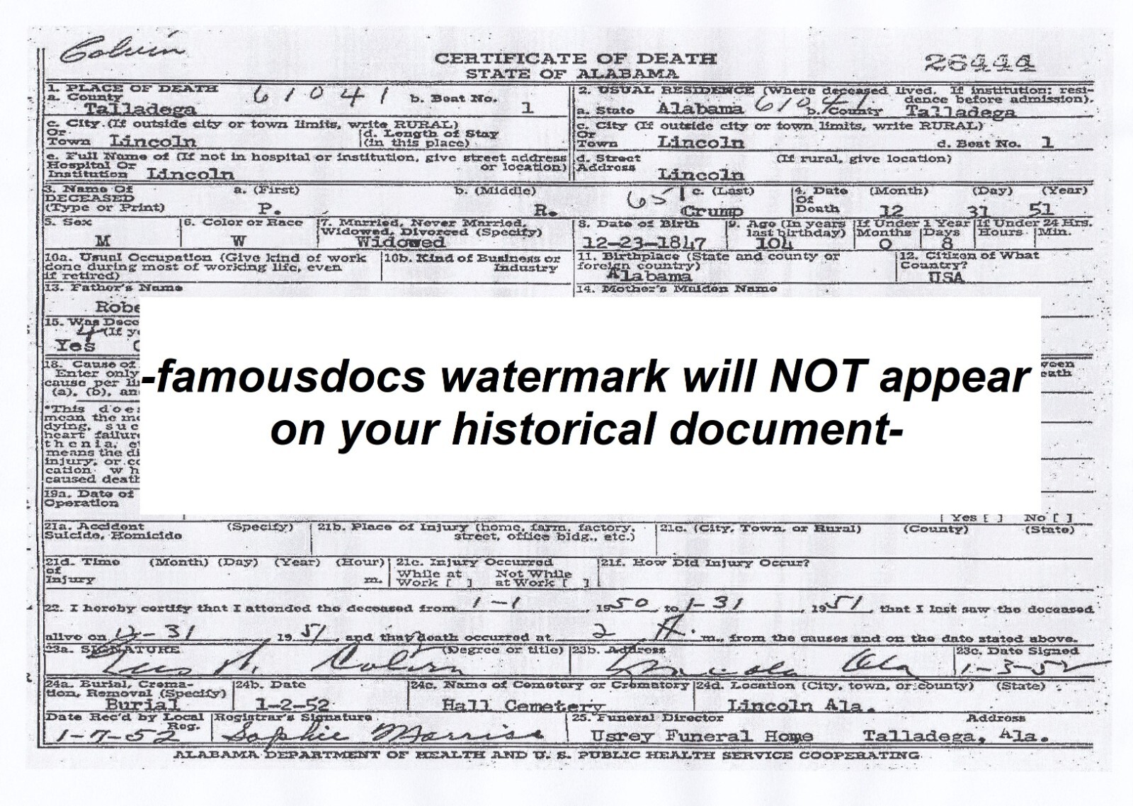 Last Confederate Survivor DEATH CERTIFICATE of Pleasant Crump Civil War ...