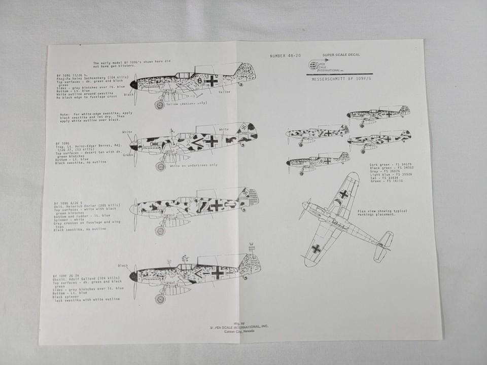 SUPER SCALE 1/48, Bf 109 F/G, Galland, Barres, Ehrler. decal sheet 48 ...