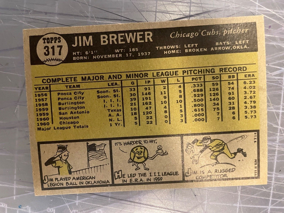 1961 TOPPS #317 JIM BREWER CHICAGO CUBS BASEBALL CARD NM/MT | eBay