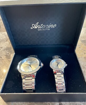 ANTONINO COLLECTION Silver Tone HIS & HERS Wrist Watches Set In Case ...