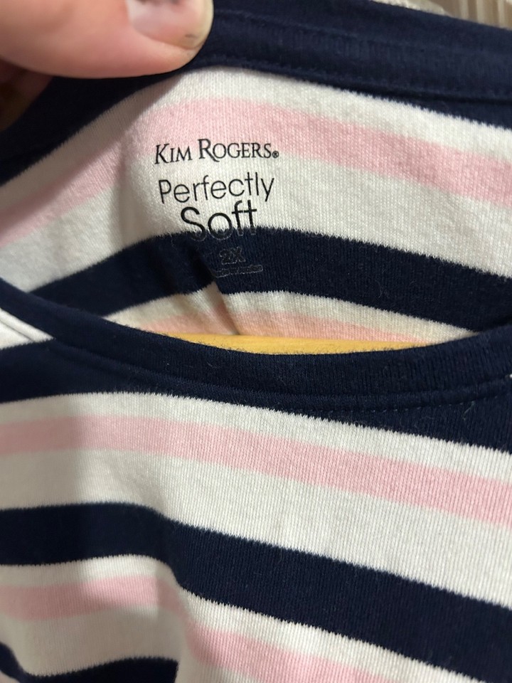 Kim Rogers Women's. 2 XL Striped Navy/white/pink Print Long Sleeve Tee ...