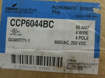 Cooper Crouse-Hinds CCP6044BC POWERMATE Plug 60A 4W 4P 600VAC 250VDC ...