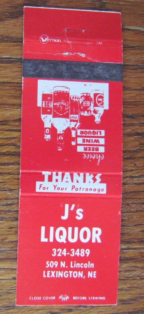 LEXINGTON, NEBRASKA MATCHBOOK COVER: J'S LIQUOR STORE EMPTY MATCHCOVER ...