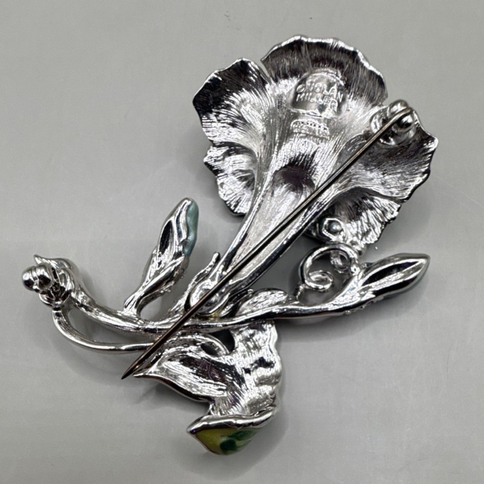 Nolan Miller Flower Brooch Blue Green Enamel Yellow Crystal Vintage ...