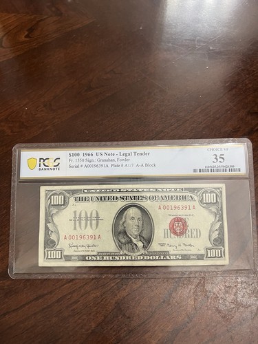 1966 $100 Red Real Legal Tender note w/ low serial Fr.1550 PCGS Choice ...