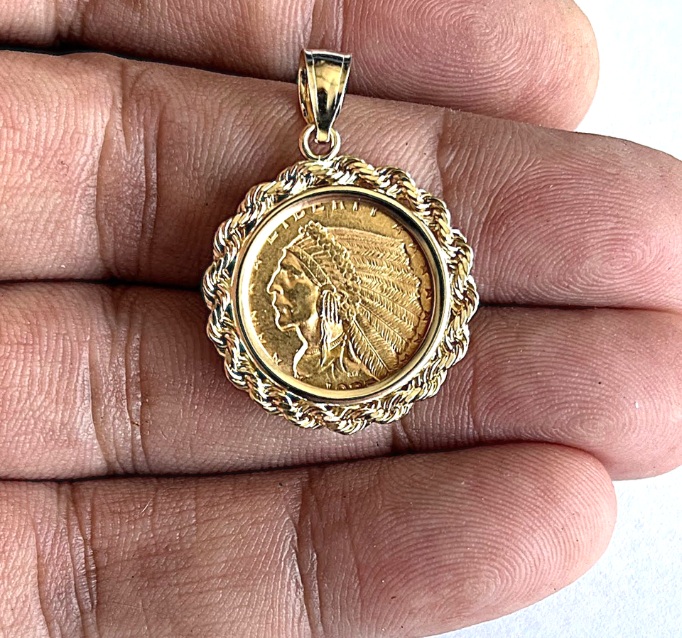 Gold coin pendant, Indian head gold coin set in 14k gold rope chain ...