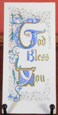 Vintage GOD BLESS YOU Card Lovely EMBOSSED Ornate CALLIGRAPHY Blues ...