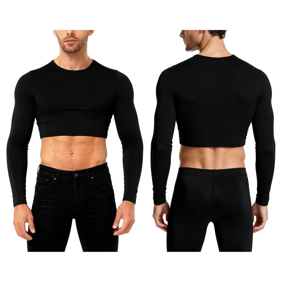 Men Muscle Cropped Tops Shirts Long Sleeves Solid-color Basic Slim ...